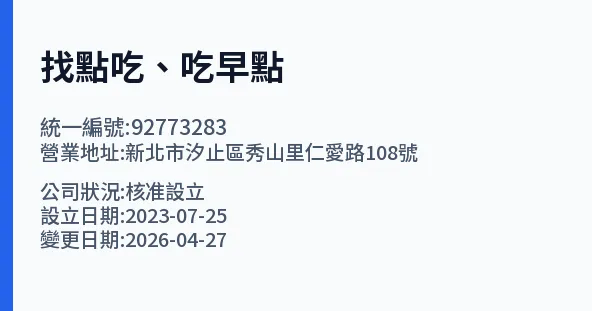 找點吃、吃早點的照片-統編 92773283(新北市) 公司登記資料與營業項目詳細圖表