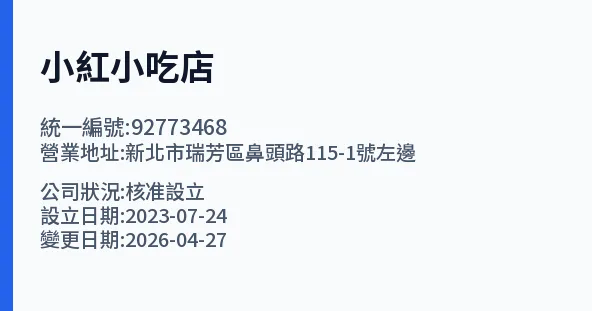 小紅小吃店的照片-統編 92773468(新北市) 公司登記資料與營業項目詳細圖表