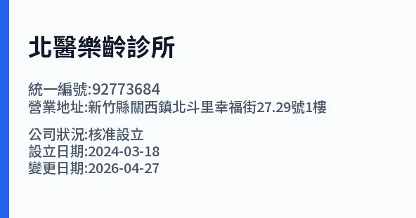 北醫樂齡診所的照片-統編 92773684(新竹縣) 公司登記資料與營業項目詳細圖表