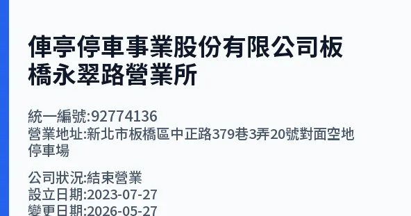 俥亭停車事業股份有限公司板橋永翠路營業所的照片-統編 92774136(新北市) 公司登記資料與營業項目詳細圖表