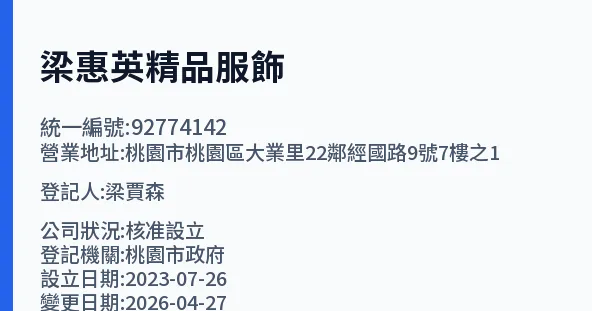 梁惠英精品服飾的照片-統編 92774142(桃園市) 公司登記資料與營業項目詳細圖表