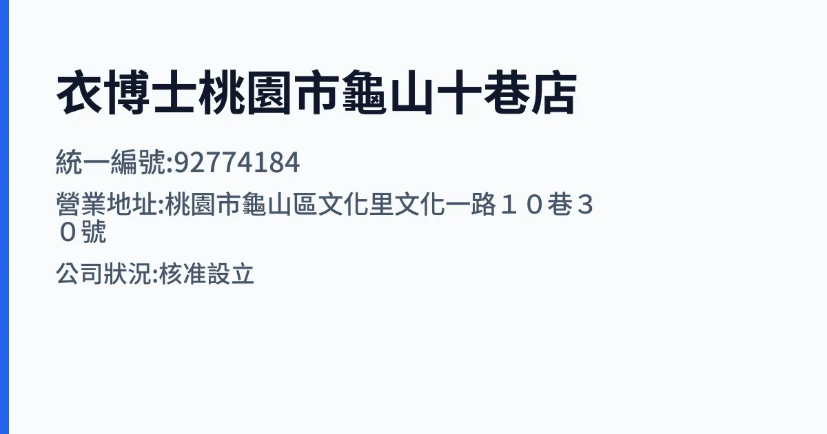 衣博士桃園市龜山十巷店 - 統編 92774184(桃園市) 公司登記資料與營業項目詳細圖表