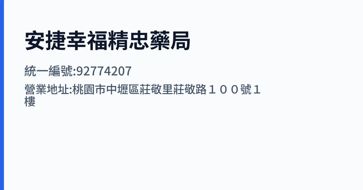 安捷幸福精忠藥局 - 統編 92774207(桃園市) 公司登記資料與營業項目詳細圖表