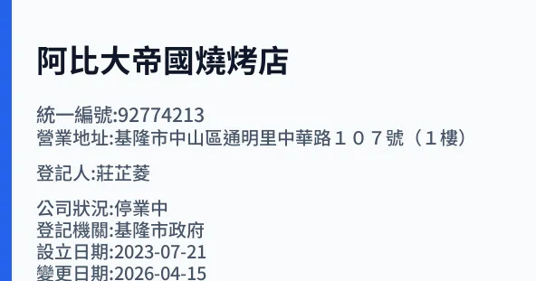 阿比大帝國燒烤店的照片-統編 92774213(基隆市) 公司登記資料與營業項目詳細圖表