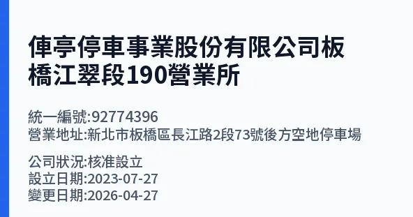 俥亭停車事業股份有限公司板橋江翠段190營業所的照片-統編 92774396(新北市) 公司登記資料與營業項目詳細圖表