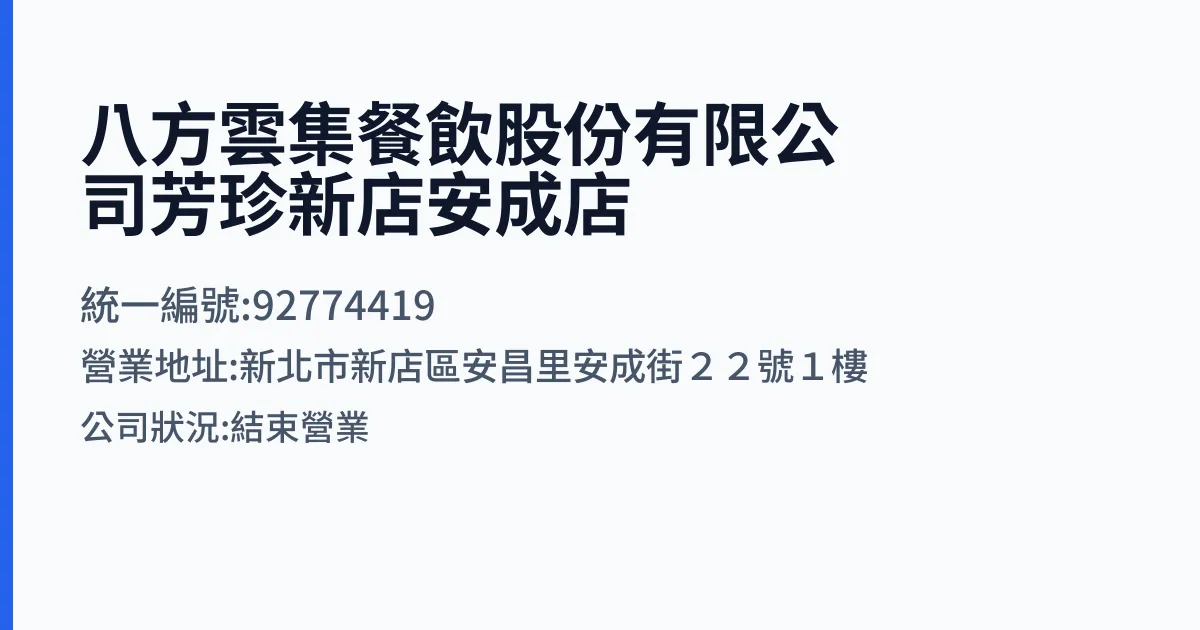 八方雲集餐飲股份有限公司芳珍新店安成店 - 統編 92774419(新北市) 公司登記資料與營業項目詳細圖表