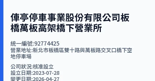 俥亭停車事業股份有限公司板橋萬板高架橋下營業所的照片-統編 92774425(新北市) 公司登記資料與營業項目詳細圖表