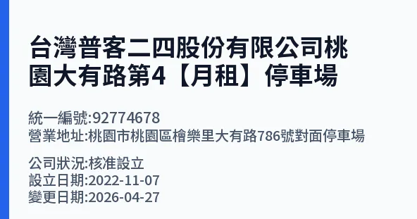 台灣普客二四股份有限公司桃園大有路第4【月租】停車場的照片-統編 92774678(桃園市) 公司登記資料與營業項目詳細圖表