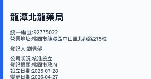 龍潭北龍藥局的照片-統編 92775022(桃園市) 公司登記資料與營業項目詳細圖表