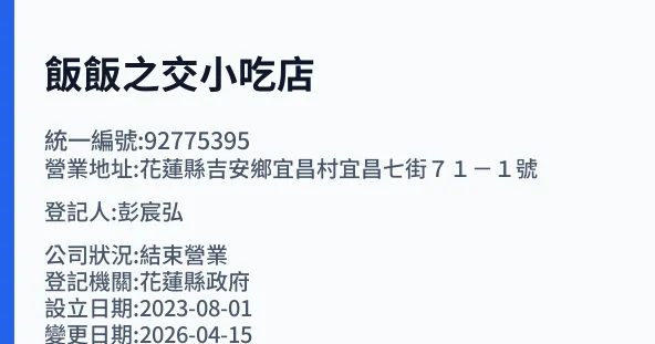 飯飯之交小吃店的照片-統編 92775395(花蓮縣) 公司登記資料與營業項目詳細圖表