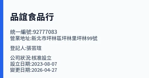 品誼食品行的照片-統編 92777083(新北市) 公司登記資料與營業項目詳細圖表
