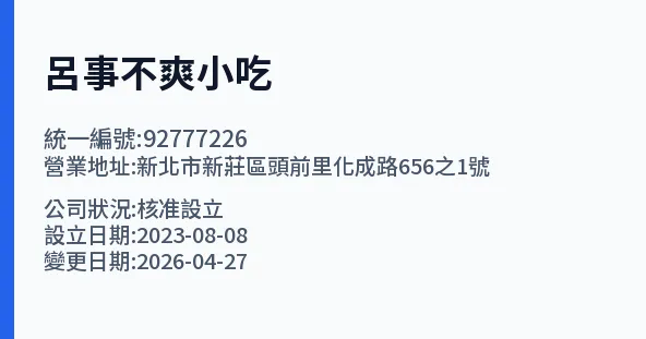 呂事不爽小吃的照片-統編 92777226(新北市) 公司登記資料與營業項目詳細圖表