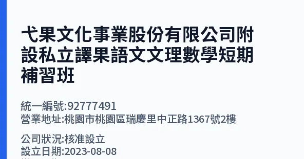 弋果文化事業股份有限公司附設私立譯果語文文理數學短期補習班的照片-統編 92777491(桃園市) 公司登記資料與營業項目詳細圖表