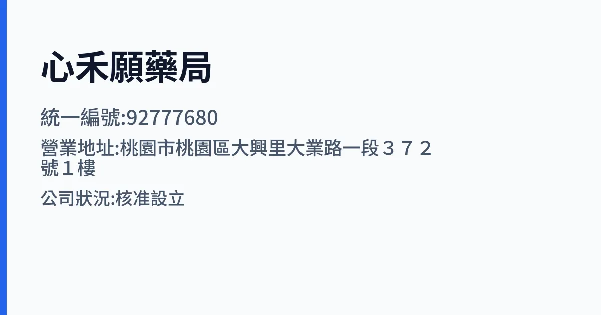 心禾願藥局 - 統編 92777680(桃園市) 公司登記資料與營業項目詳細圖表