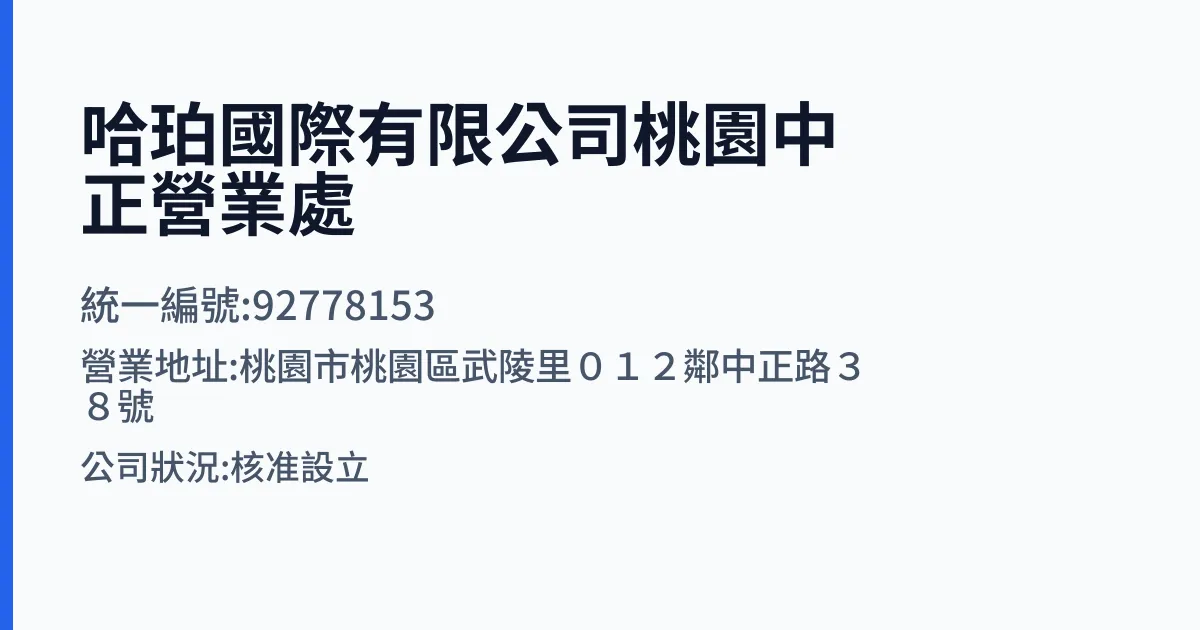 哈珀國際有限公司桃園中正營業處 - 統編 92778153(桃園市) 公司登記資料與營業項目詳細圖表