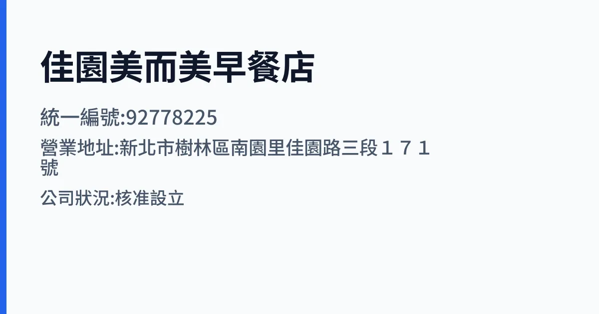 佳園美而美早餐店 - 統編 92778225(新北市) 公司登記資料與營業項目詳細圖表