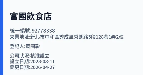 富國飲食店的照片-統編 92778338(新北市) 公司登記資料與營業項目詳細圖表