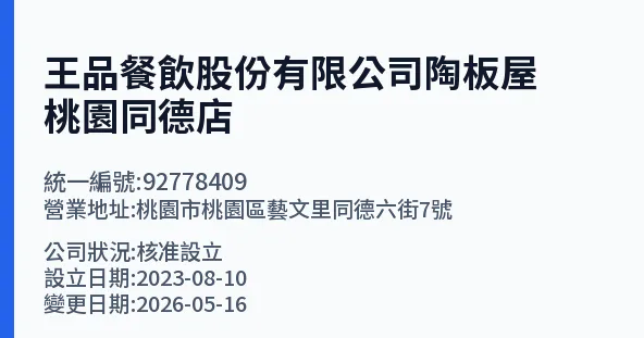王品餐飲股份有限公司陶板屋桃園同德店的照片-統編 92778409(桃園市) 公司登記資料與營業項目詳細圖表