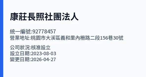 康莊長照社團法人的照片-統編 92778457(桃園市) 公司登記資料與營業項目詳細圖表
