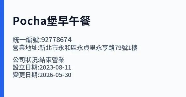 Pocha堡早午餐的照片-統編 92778674(新北市) 公司登記資料與營業項目詳細圖表