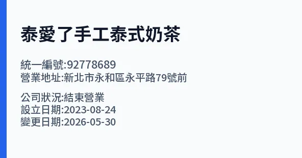 泰愛了手工泰式奶茶的照片-統編 92778689(新北市) 公司登記資料與營業項目詳細圖表