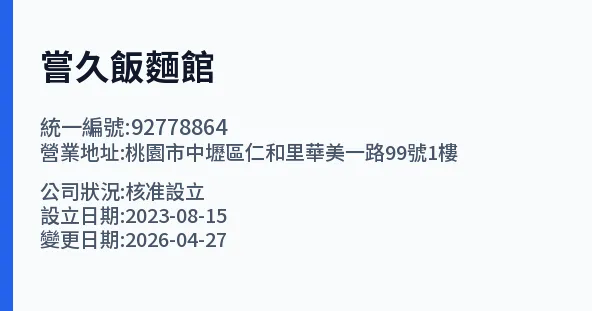 嘗久飯麵館的照片-統編 92778864(桃園市) 公司登記資料與營業項目詳細圖表