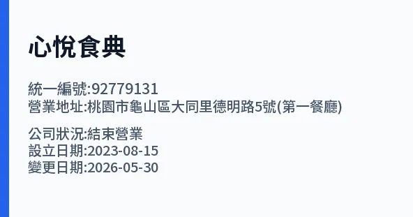 心悅食典的照片-統編 92779131(桃園市) 公司登記資料與營業項目詳細圖表