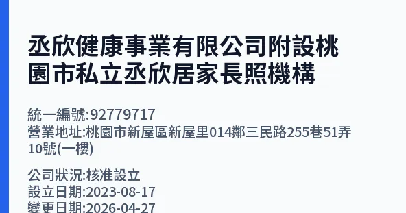 丞欣健康事業有限公司附設桃園市私立丞欣居家長照機構的照片-統編 92779717(桃園市) 公司登記資料與營業項目詳細圖表