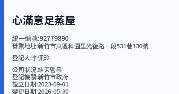心滿意足蒸屋的照片-統編 92779890(新竹市) 公司登記資料與營業項目詳細圖表