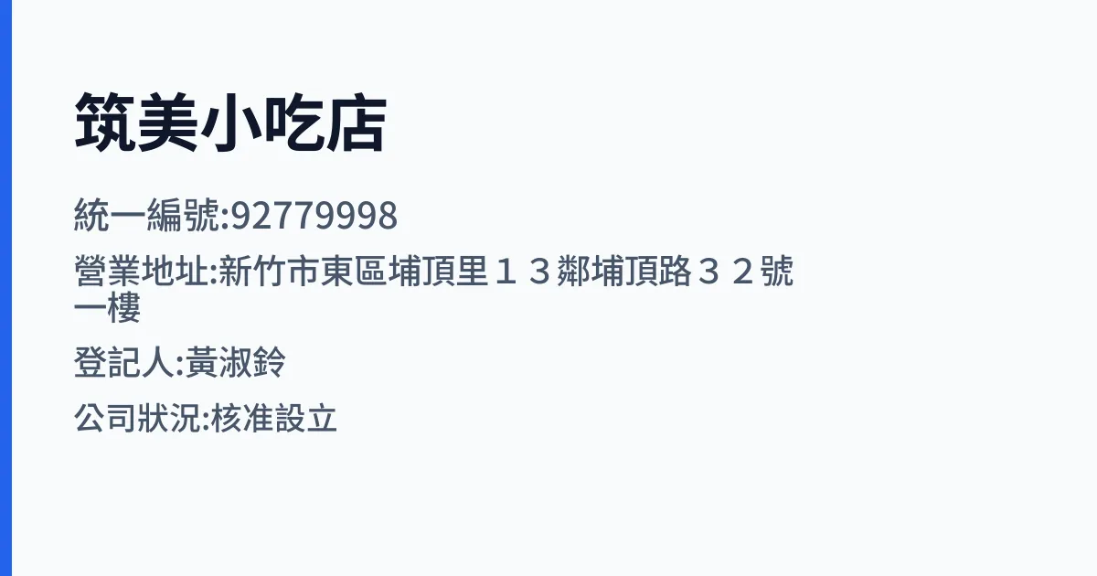 筑美小吃店 - 統編 92779998(新竹市) 公司登記資料與營業項目詳細圖表