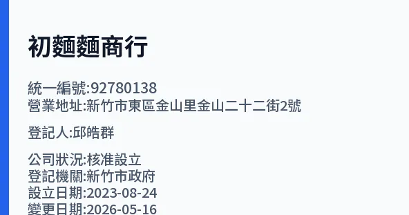 初麵麵商行的照片-統編 92780138(新竹市) 公司登記資料與營業項目詳細圖表