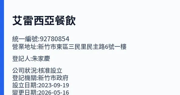 艾雷西亞餐飲的照片-統編 92780854(新竹市) 公司登記資料與營業項目詳細圖表