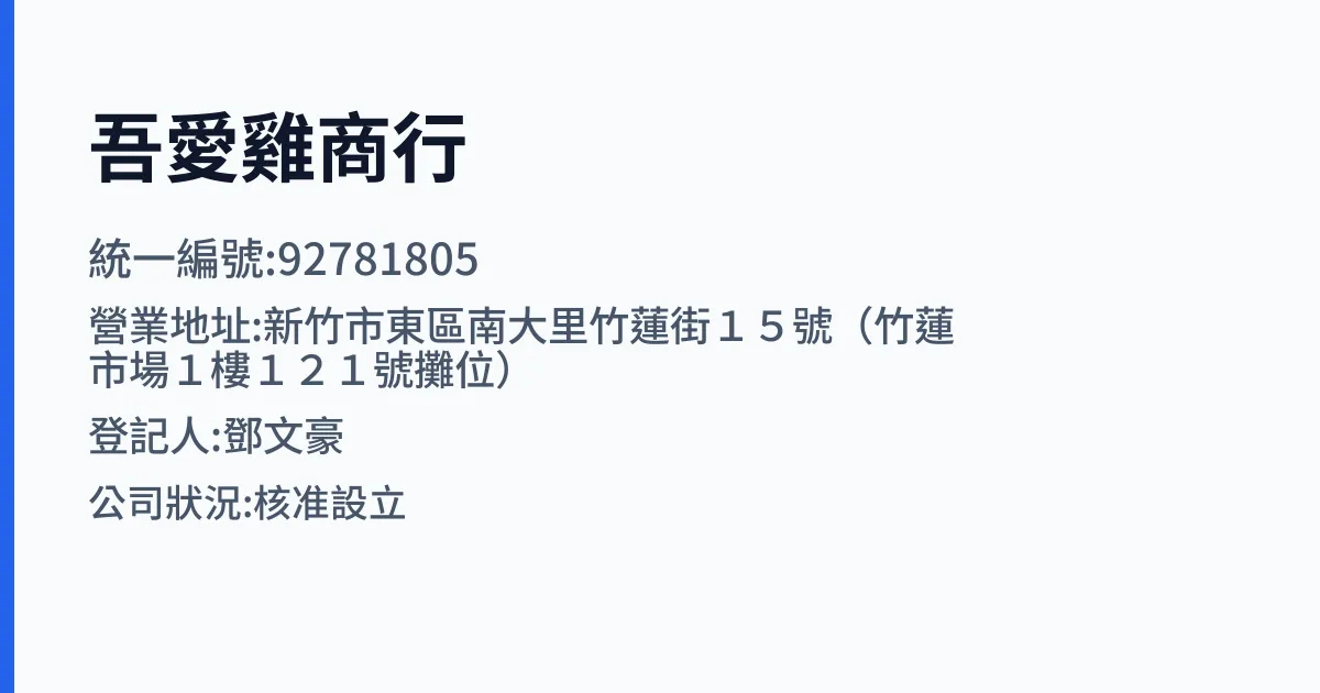 吾愛雞商行 - 統編 92781805(新竹市) 公司登記資料與營業項目詳細圖表