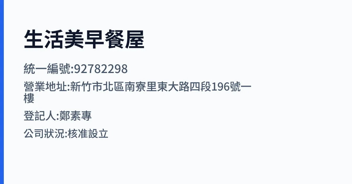 生活美早餐屋 - 統編 92782298(新竹市) 公司登記資料與營業項目詳細圖表