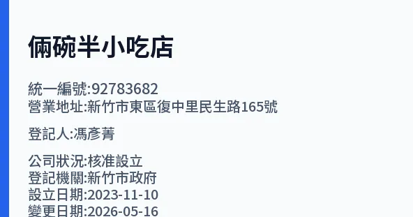 倆碗半小吃店的照片-統編 92783682(新竹市) 公司登記資料與營業項目詳細圖表