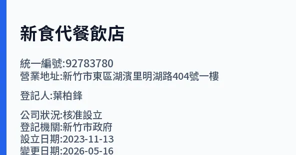 新食代餐飲店的照片-統編 92783780(新竹市) 公司登記資料與營業項目詳細圖表