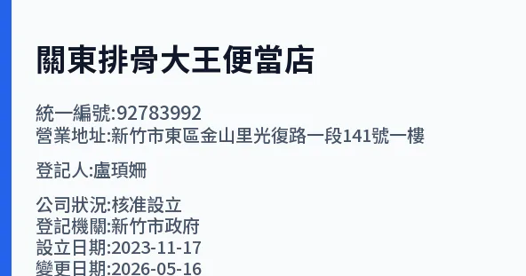 關東排骨大王便當店的照片-統編 92783992(新竹市) 公司登記資料與營業項目詳細圖表