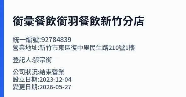 銜彙餐飲銜羽餐飲新竹分店的照片-統編 92784839(新竹市) 公司登記資料與營業項目詳細圖表