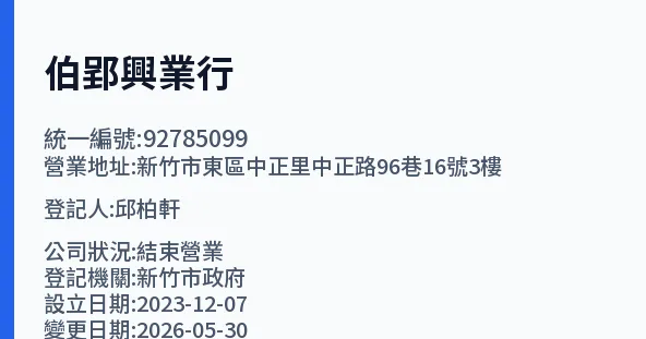 伯郢興業行的照片-統編 92785099(新竹市) 公司登記資料與營業項目詳細圖表