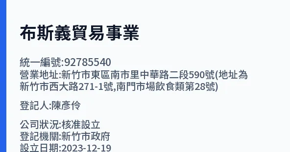 布斯義貿易事業的照片-統編 92785540(新竹市) 公司登記資料與營業項目詳細圖表