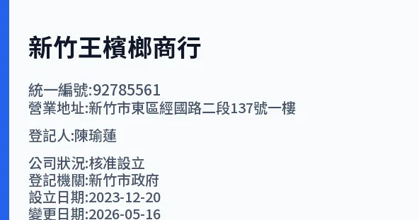 新竹王檳榔商行的照片-統編 92785561(新竹市) 公司登記資料與營業項目詳細圖表