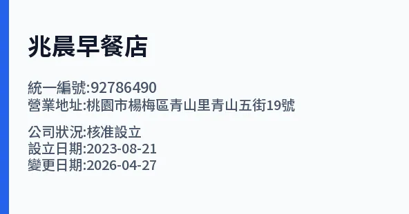 兆晨早餐店的照片-統編 92786490(桃園市) 公司登記資料與營業項目詳細圖表