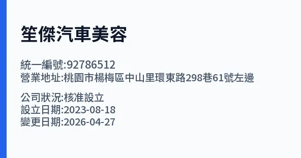 笙傑汽車美容的照片-統編 92786512(桃園市) 公司登記資料與營業項目詳細圖表