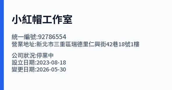 小紅帽工作室的照片-統編 92786554(新北市) 公司登記資料與營業項目詳細圖表