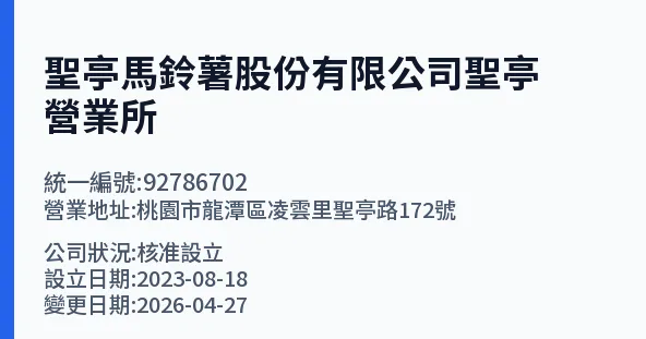 聖亭馬鈴薯股份有限公司聖亭營業所的照片-統編 92786702(桃園市) 公司登記資料與營業項目詳細圖表