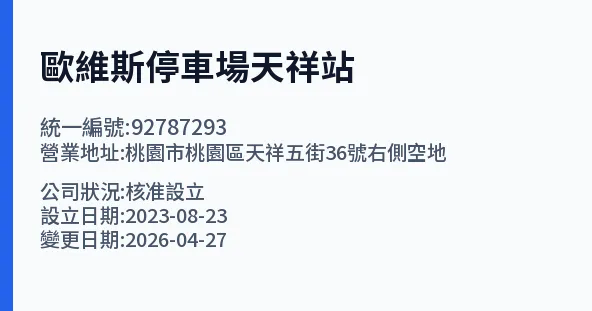 歐維斯停車場天祥站的照片-統編 92787293(桃園市) 公司登記資料與營業項目詳細圖表