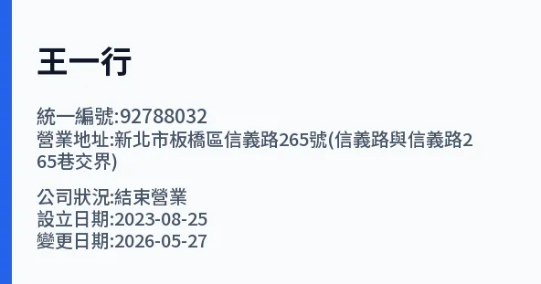 王一行的照片-統編 92788032(新北市) 公司登記資料與營業項目詳細圖表