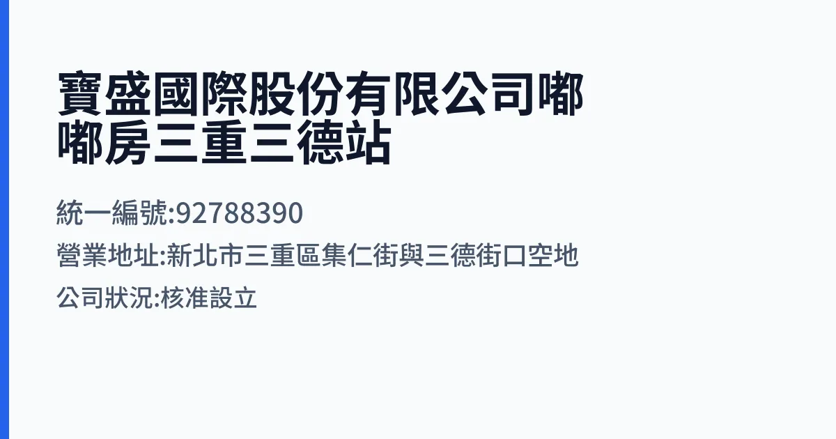 寶盛國際股份有限公司嘟嘟房三重三德站 - 統編 92788390(新北市) 公司登記資料與營業項目詳細圖表