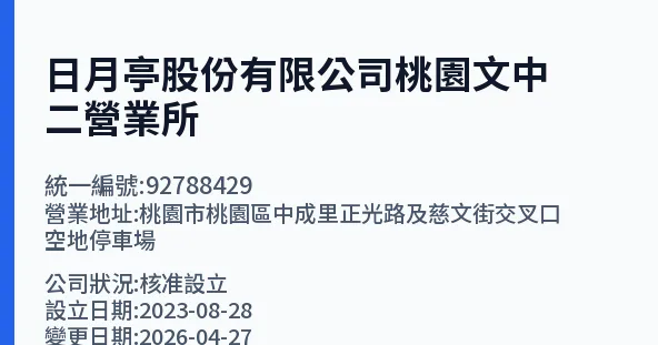 日月亭股份有限公司桃園文中二營業所的照片-統編 92788429(桃園市) 公司登記資料與營業項目詳細圖表