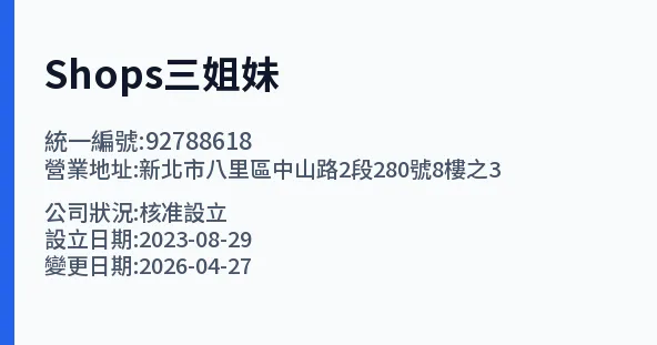 Shops三姐妹的照片-統編 92788618(新北市) 公司登記資料與營業項目詳細圖表